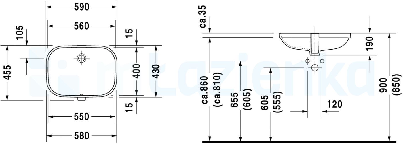 Umywalka podblatowa bez otworu na baterię z przelewem 560 x 400 D-Code ...